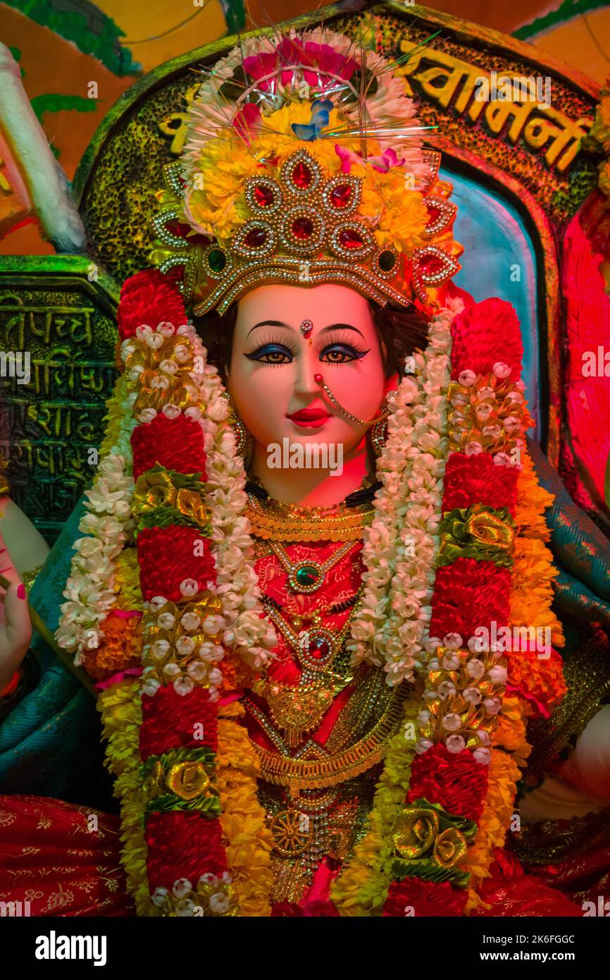 A beautiful idol of Maa Durga being worshipped at a mandal in Mumbai ...