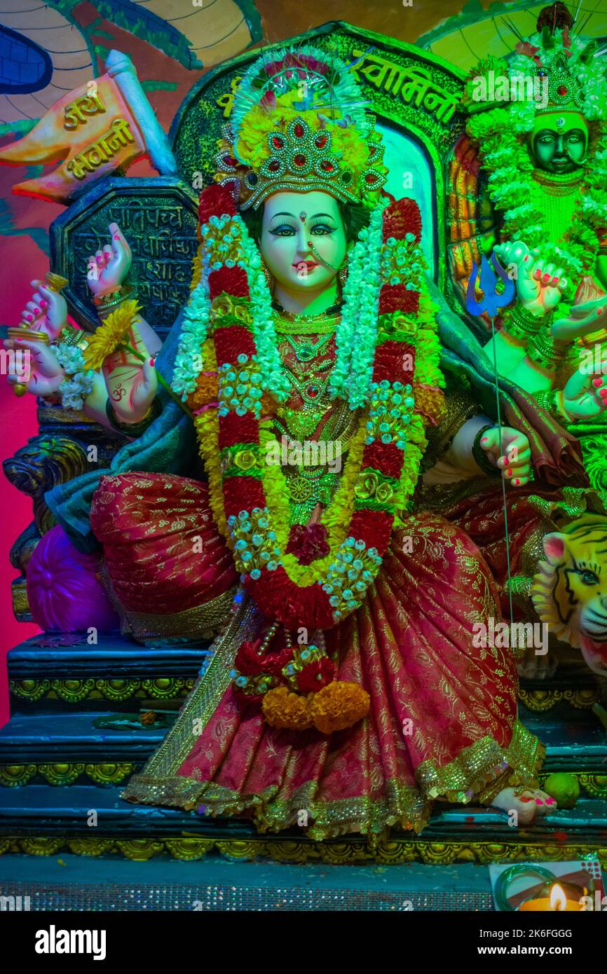 A beautiful idol of Maa Durga being worshipped at a mandal in Mumbai ...