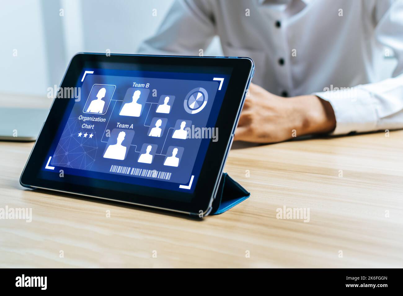 mobile smart tablet with digital business organization chart icon ...