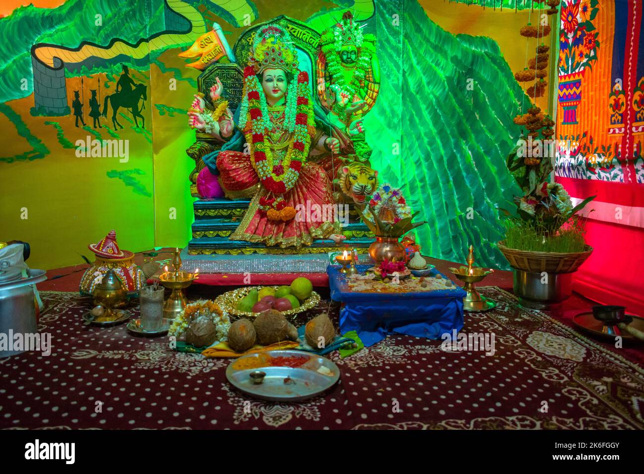 A beautiful idol of Maa Durga being worshipped at a mandal in Mumbai ...