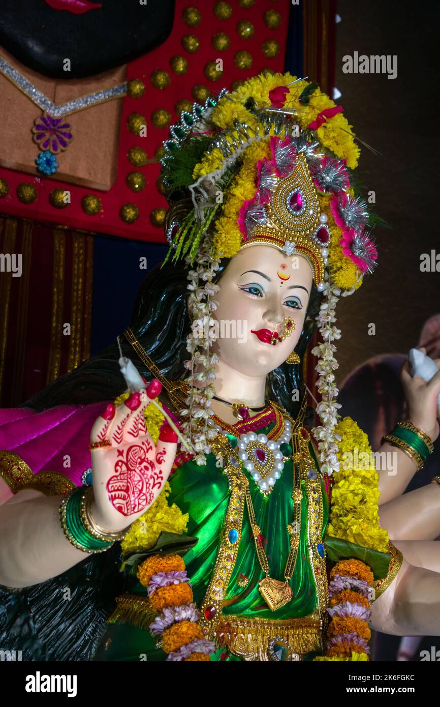 A beautiful idol of Maa Durga being worshipped at a mandal in Mumbai ...