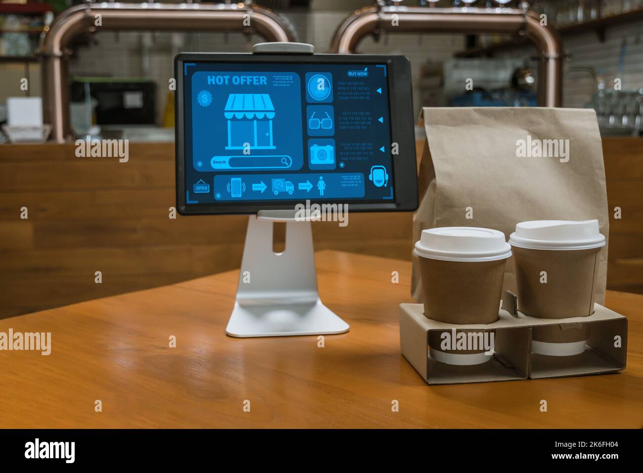 display monitor with graphic icon diagram with hot black coffee cup and ...