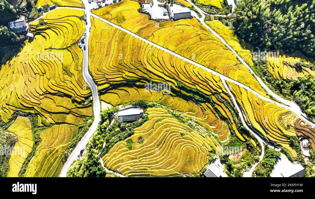 GANZHOU, CHINA - OCTOBER 13, 2022 - An aerial view of the Shangbao rice ...