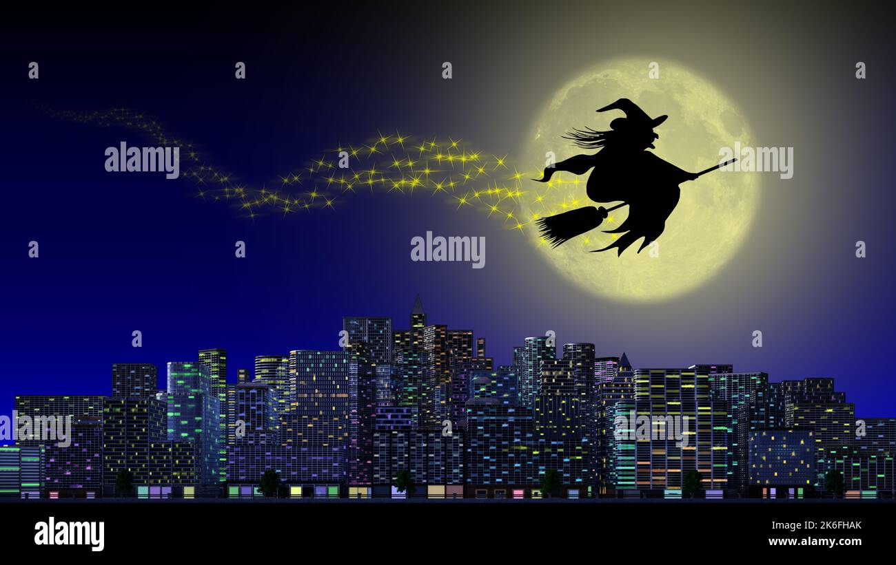 3d illustration. Halloween. Hag. Witch flying in the night. Occurrence ...