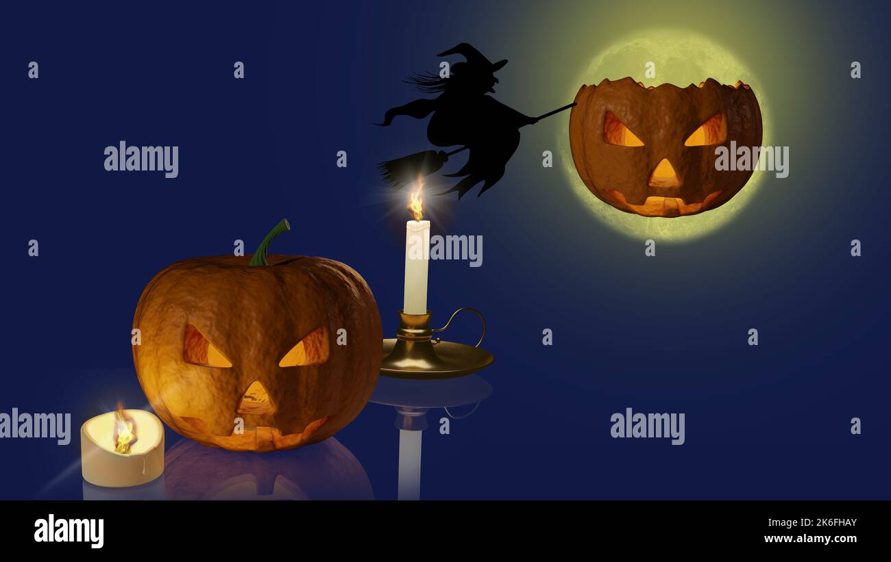 3d illustration. Halloween. Hag. Witch flying in the night. Occurrence ...