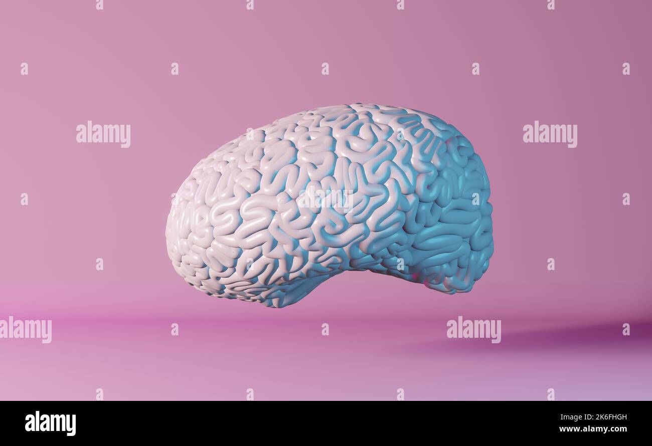 Human brain health neon light pink background 3d rendering. Creative ...