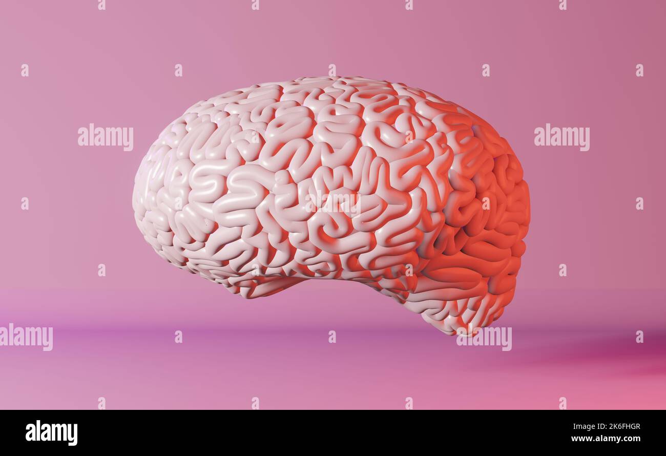 Human brain health neon light pink background 3d rendering. Creative ...