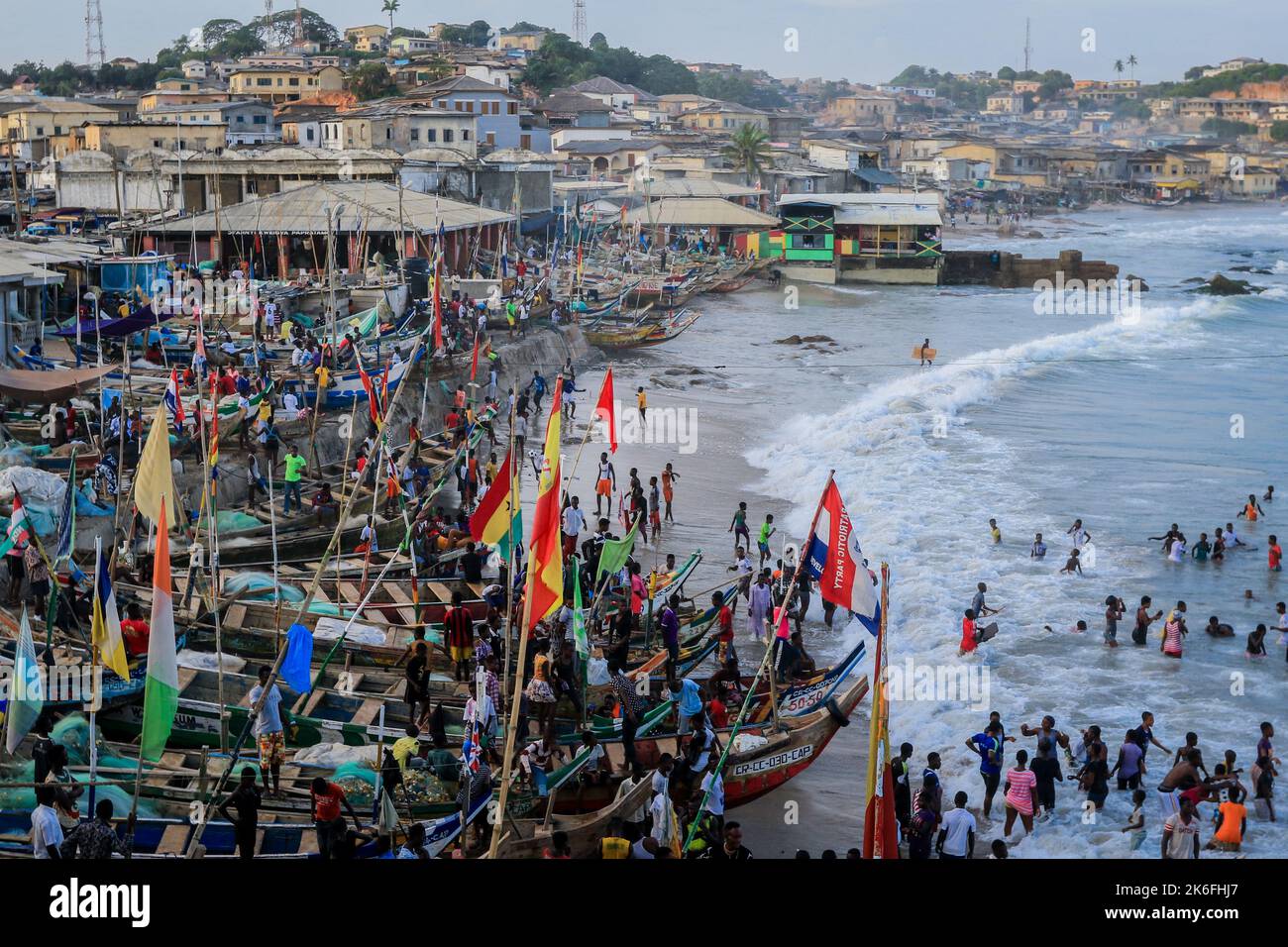Cape Coast, Ghana - April 05, 2022: Atlantic Ocean Coastline with Boats ...