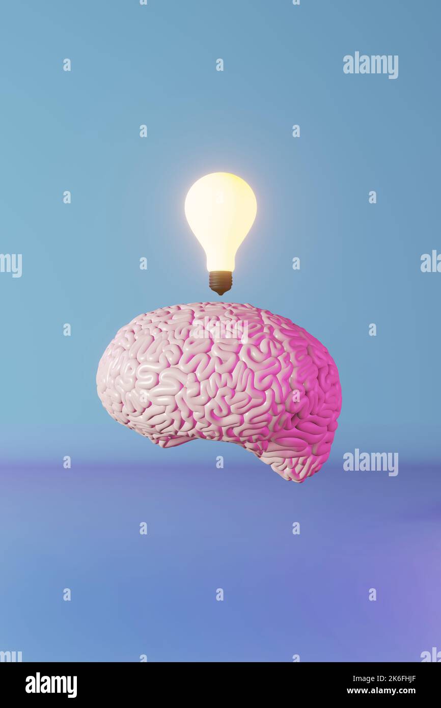 Human brain glowing light bulb neon background 3d rendering.Creative ...