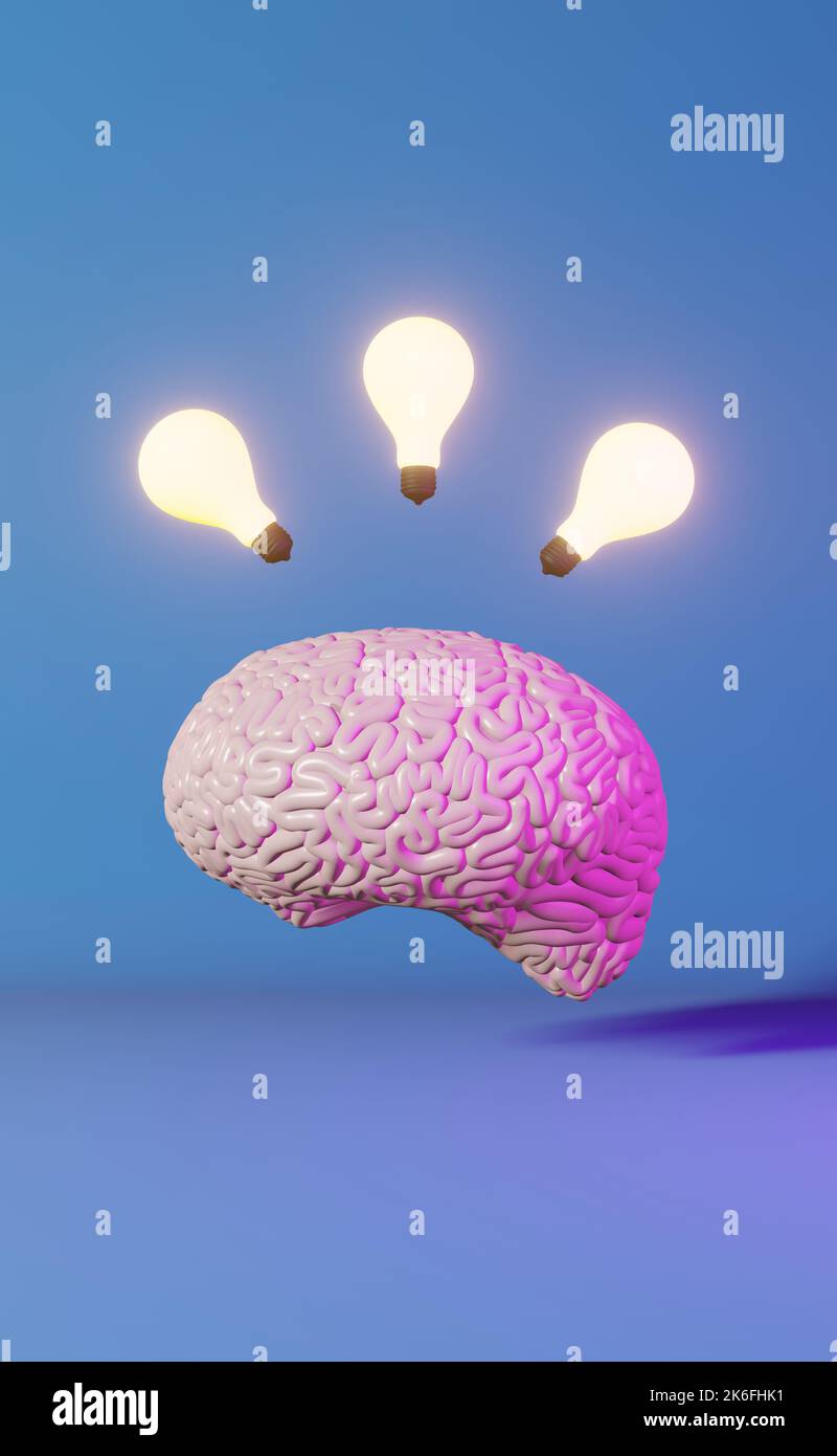 Human brain glowing light bulb neon background 3d rendering.Creative idea Artificial ...