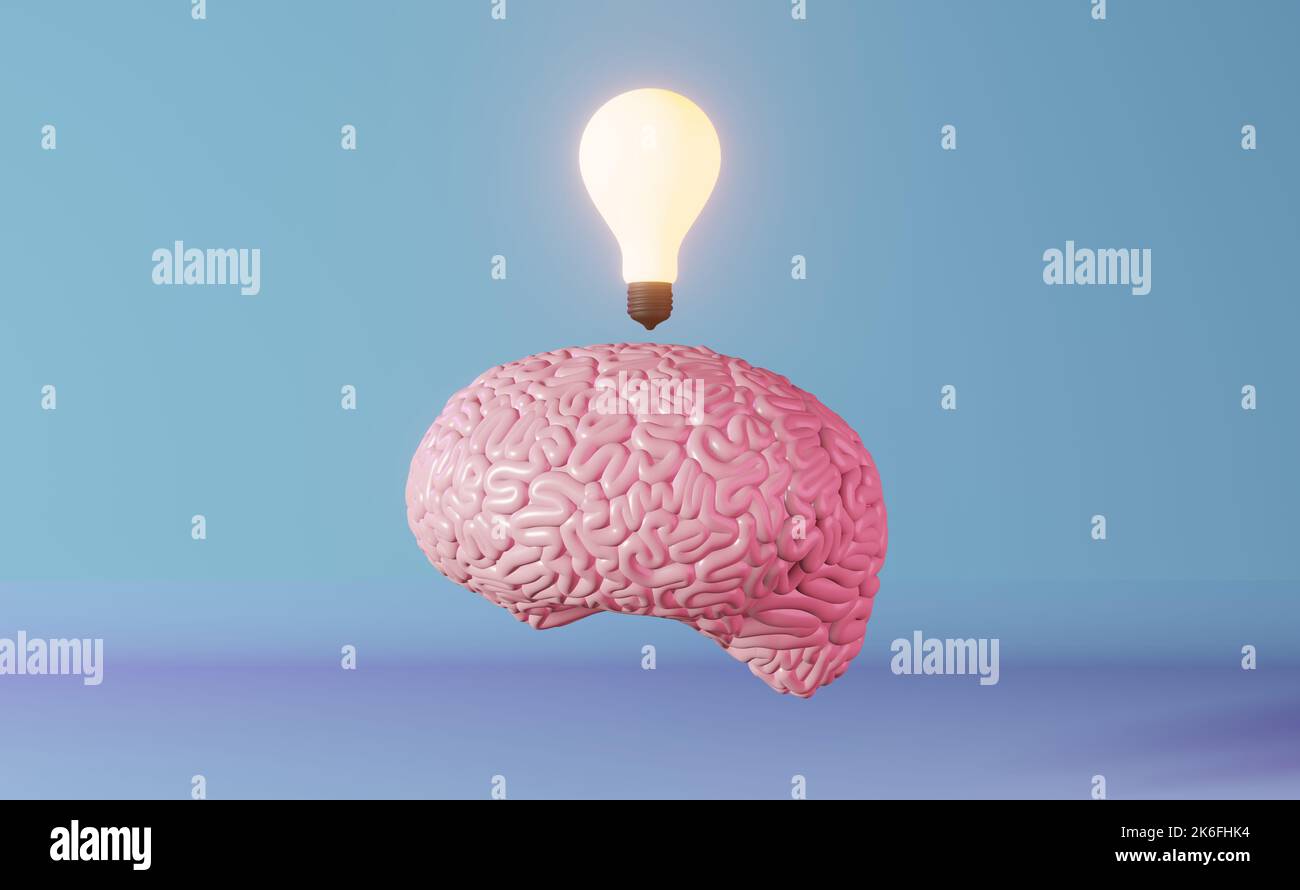 Human brain glowing light bulb neon background 3d rendering.Creative idea Artificial ...
