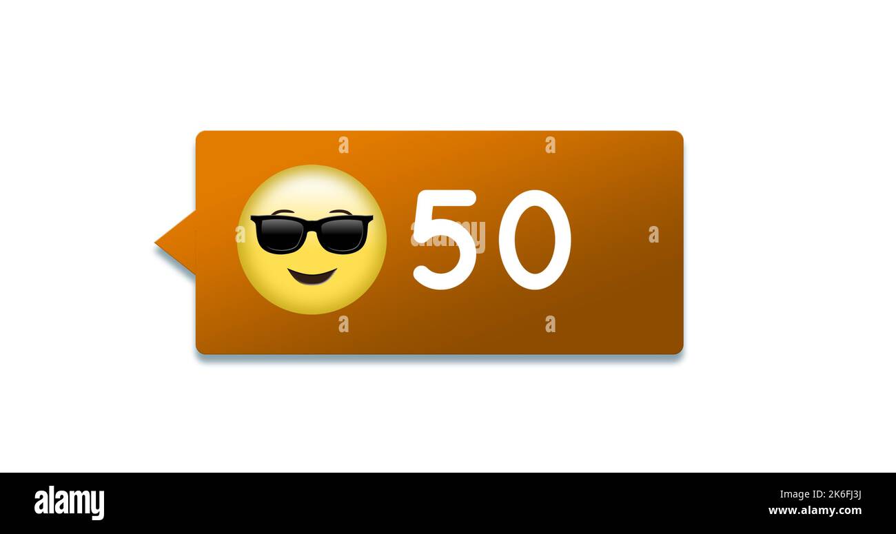 Image of 50 notifications and emoticon over white background. Social ...