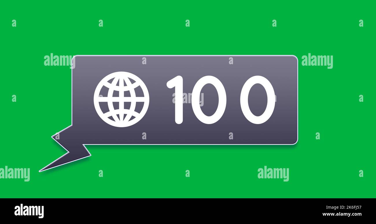 Image of 100 notifications and globe on green background. Social media ...