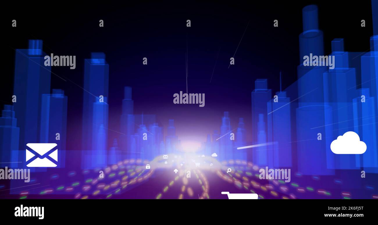 Image of metaverse city in virtual reality with icons and light ...