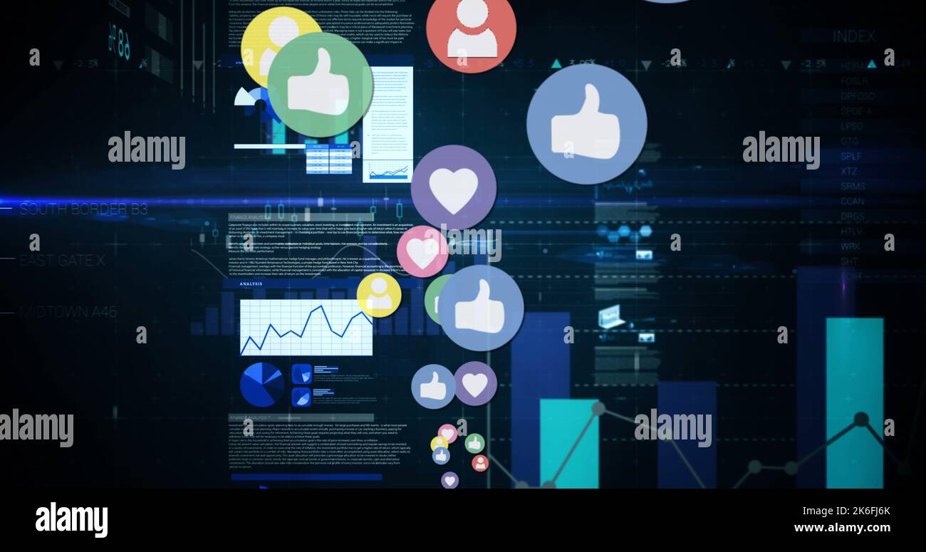 Image of social media icons over data processing on black backgorund ...