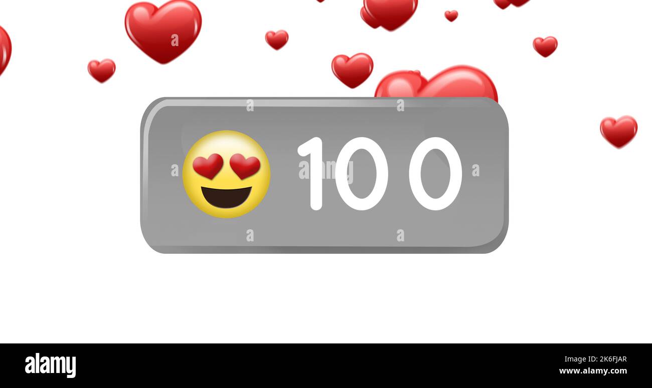Image of 100 notifications and emoticon on white background with hearts ...