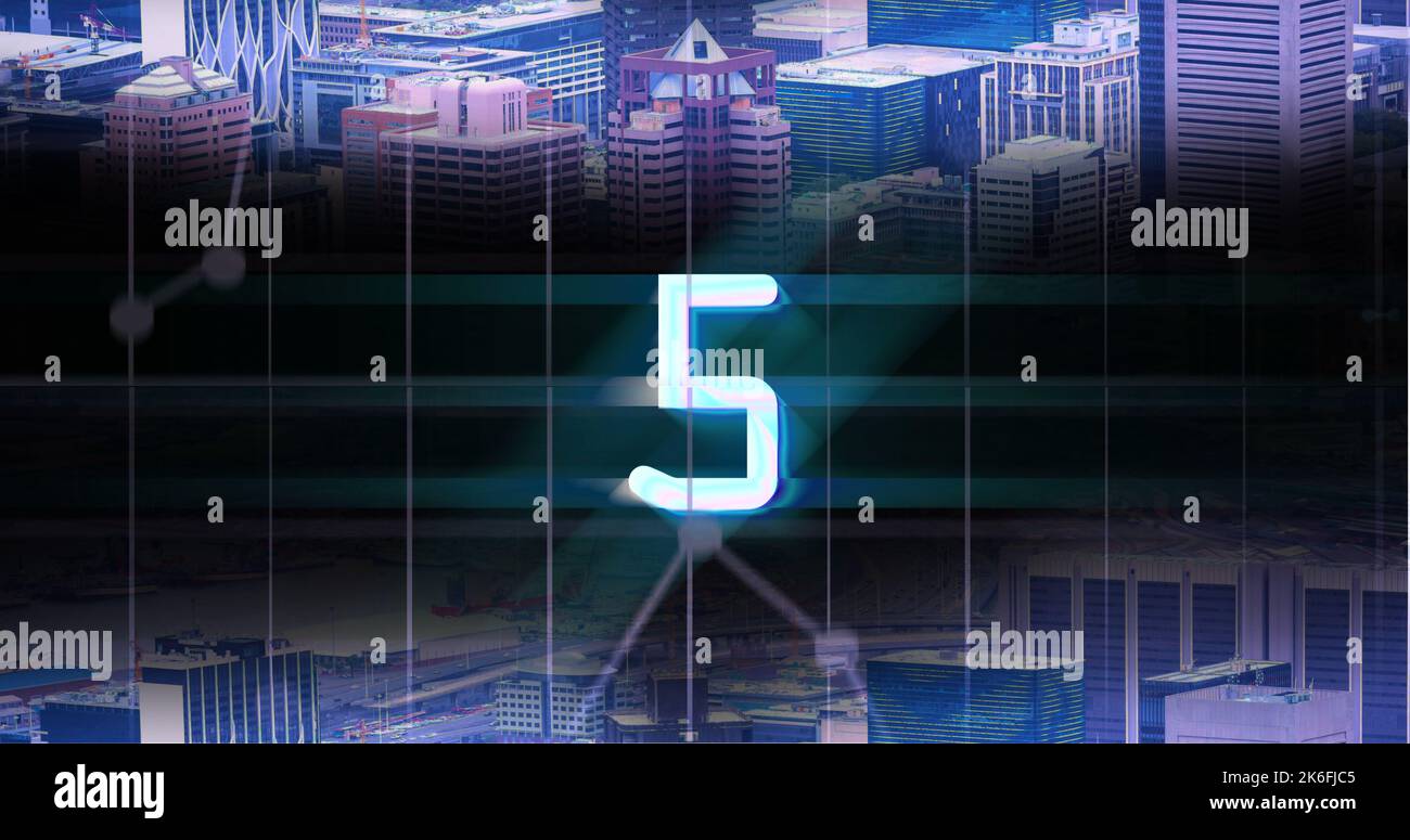 Image of glowing blue digital number five in countdown over cityscape ...