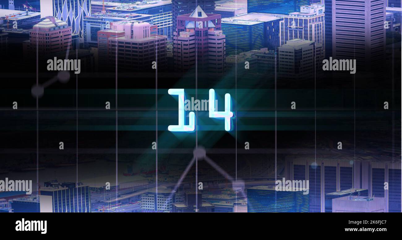 Image of glowing blue digital number fourteen in countdown over ...