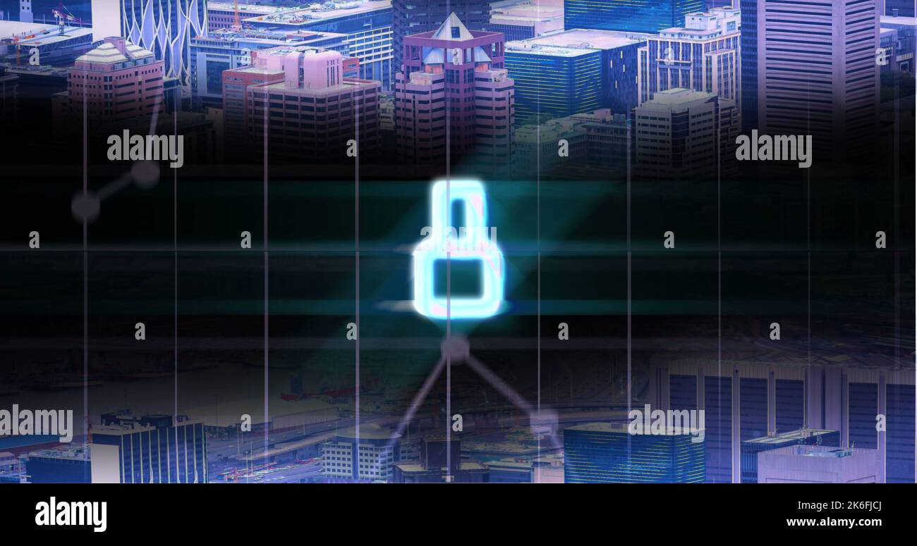 Image of glowing blue digital number eight in countdown over cityscape ...