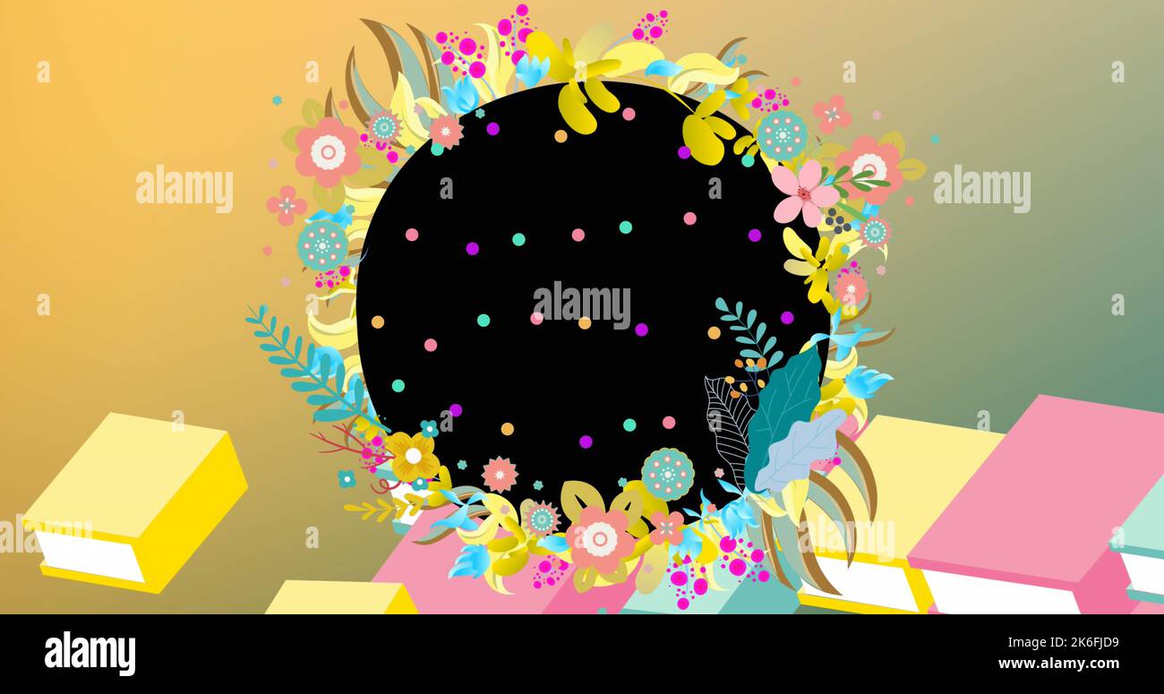 Illustration of black globe with colorful dots, flowers and books on ...