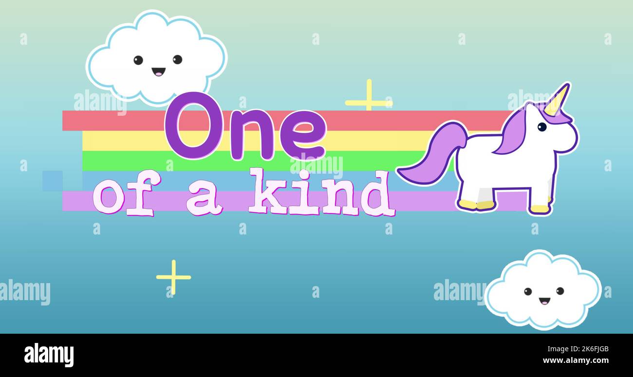 Image of one of a kind over unicorn, rainbow, happy clouds and pink ...