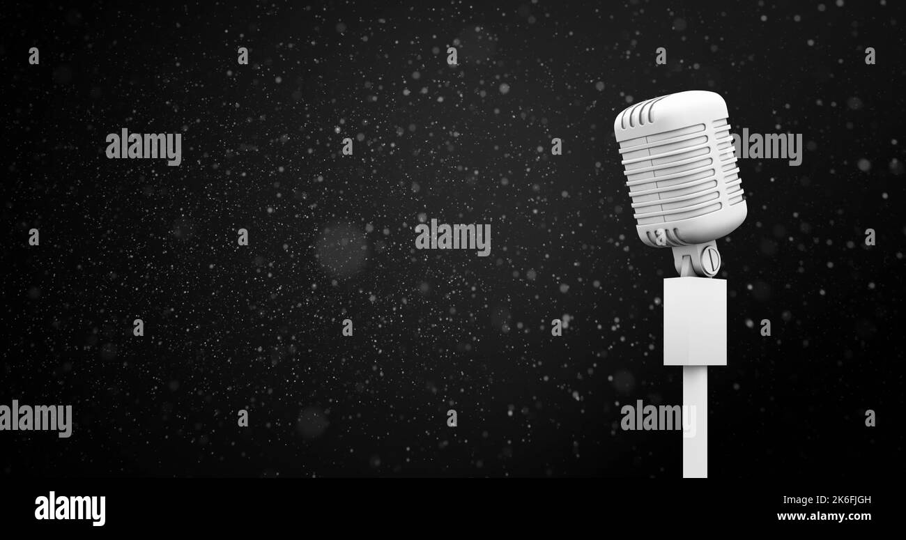 Image of vintage microphone over black background with dust. Music ...