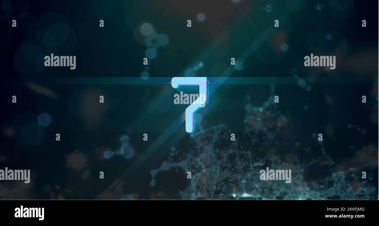 Image of blue retro digital number seven in countdown on damaged screen ...