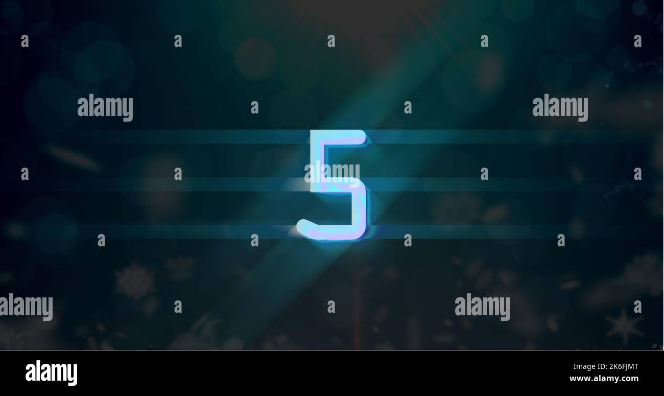 Image of blue retro digital number five in countdown with screen flare ...