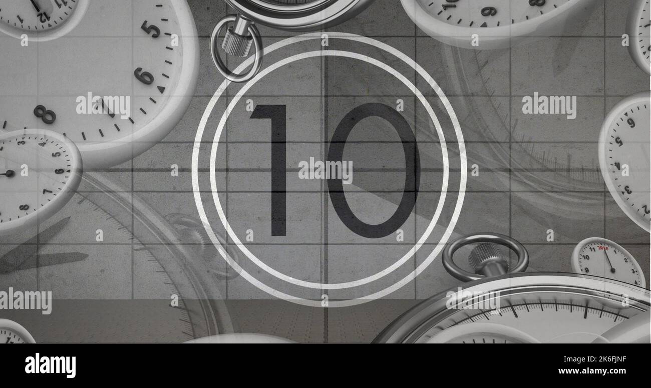 Image of number ten in vintage black and white film projector countdown ...