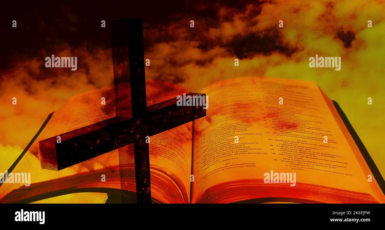 Image of christian cross and bible over smoke and fire. Christianity ...