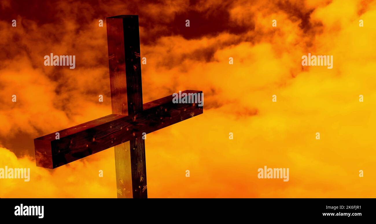 Image of christian cross over smoke and fire. Christianity, faith ...