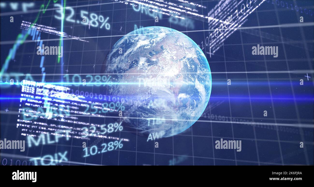 Image of diverse data and graphs processing over globe in navy digital ...
