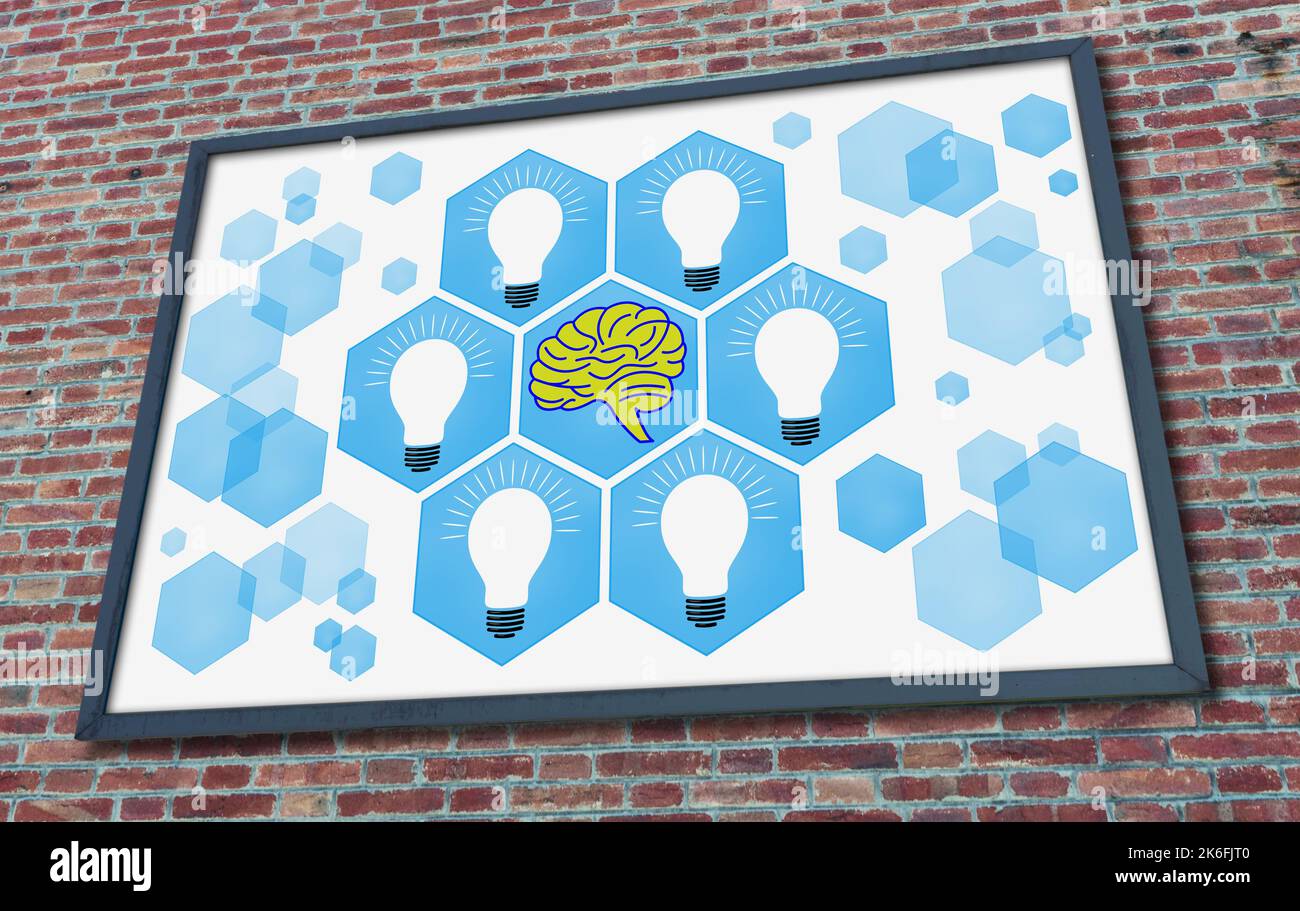 Human brain ideas concept drawn on a billboard fixed on a brick wall ...
