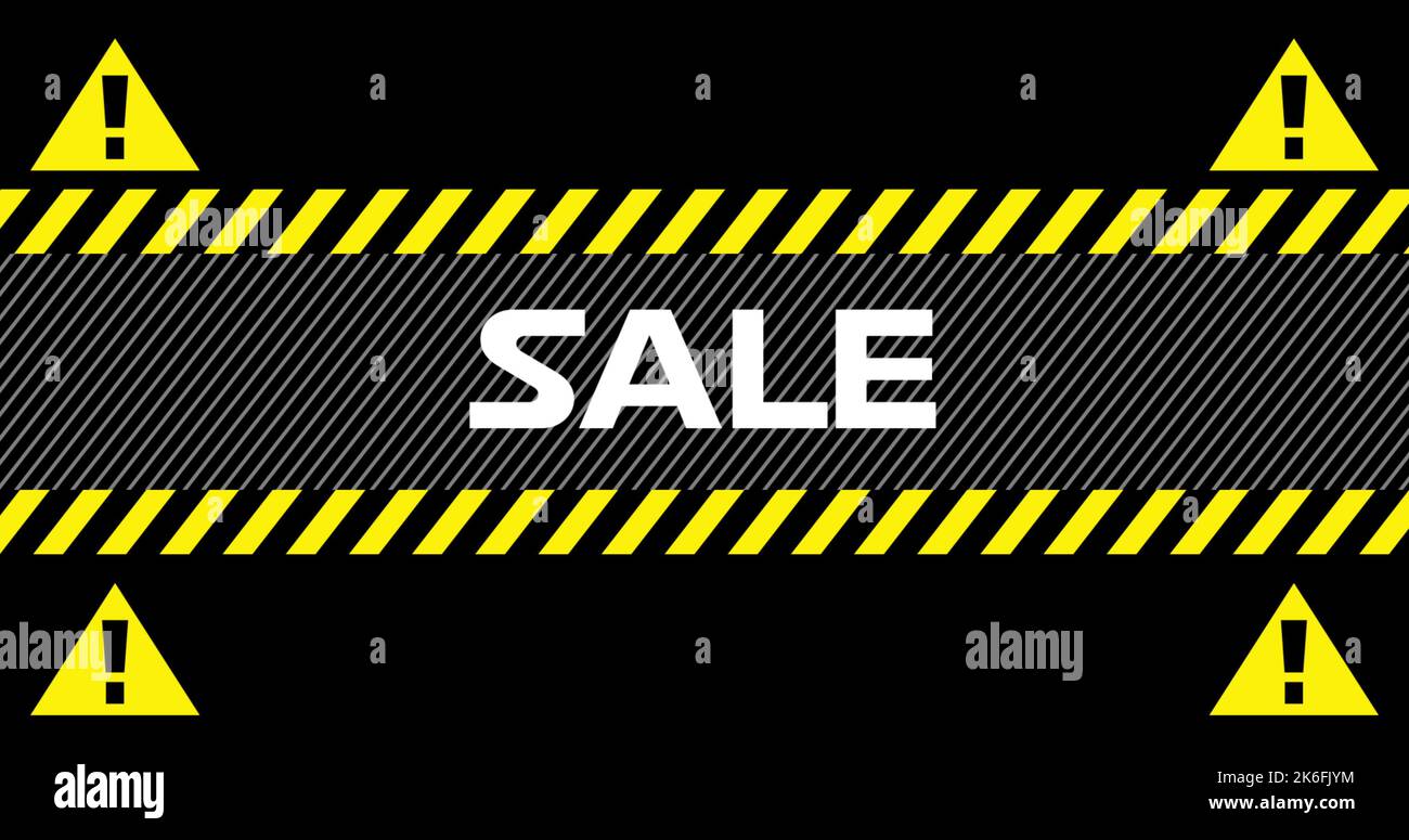 Image of Sale text between industrial ribbons and warning signs against ...