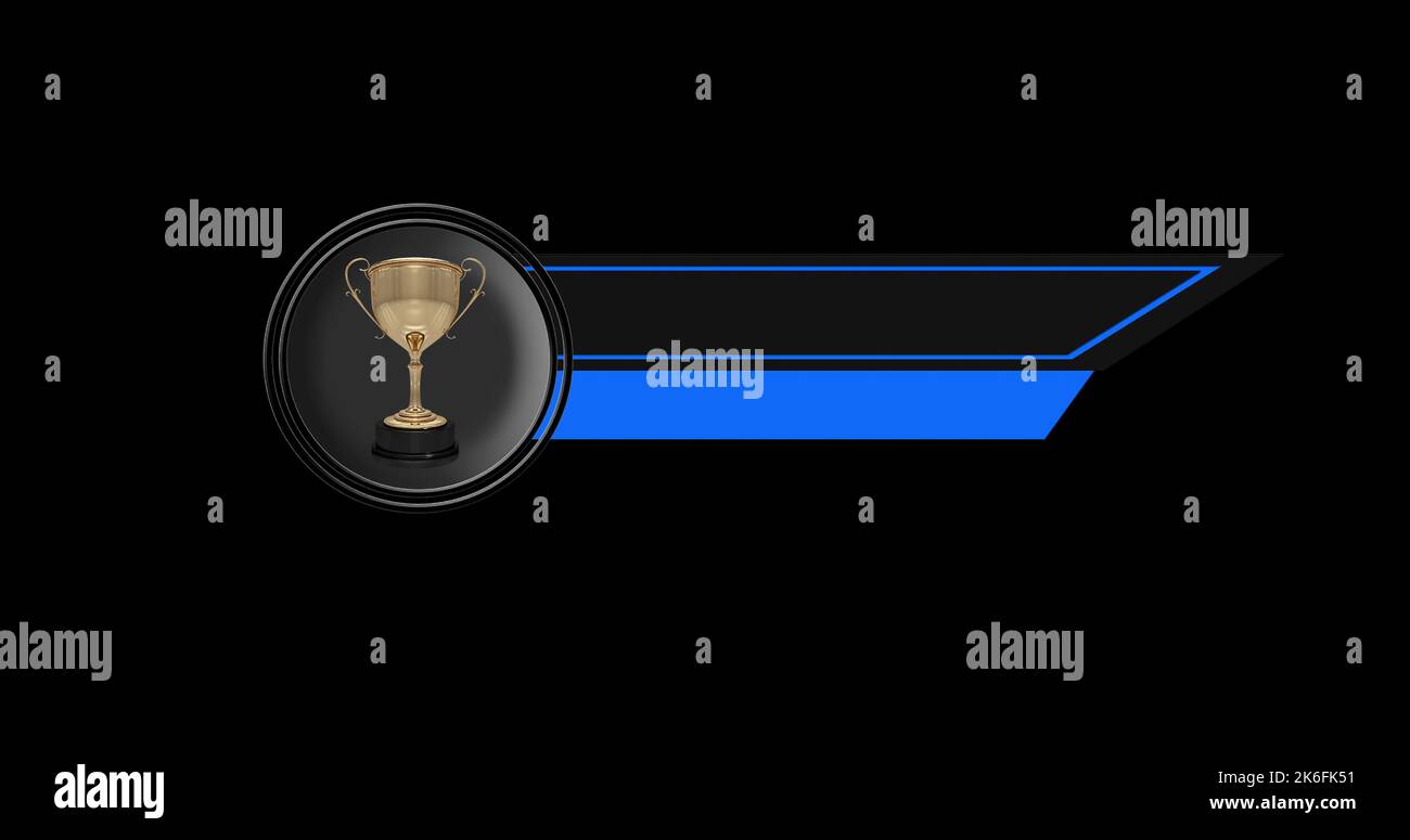 Image of gold cup and blue ribbon on black background. Sport, games ...