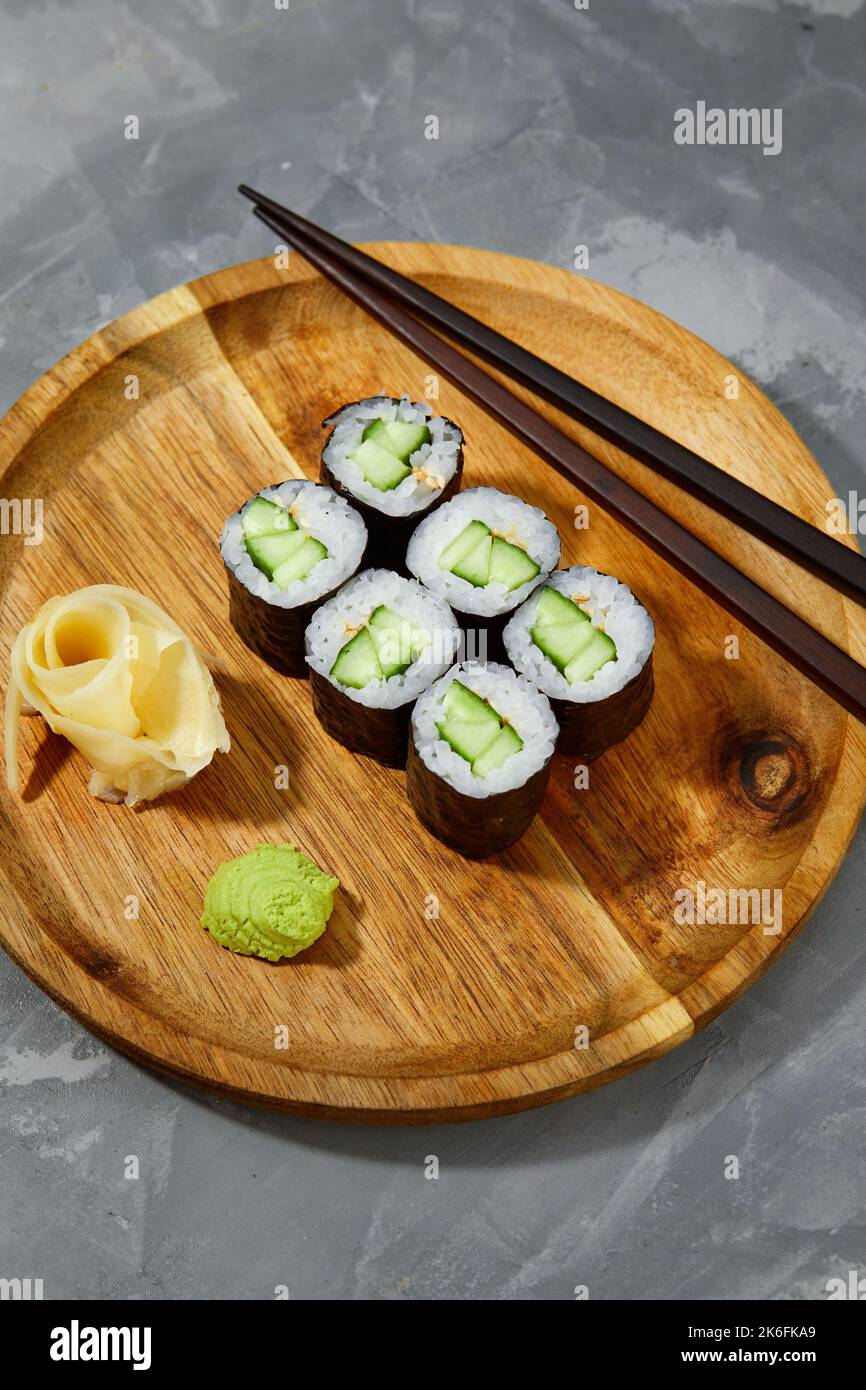 Sushi Maki rolls cucumber. Fresh hosomaki pieces with rice and nori ...