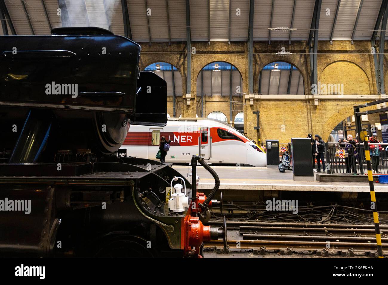 EDITORIAL USE ONLY General views of the Flying Scotsman alongside the Azuma train reflecting the ...