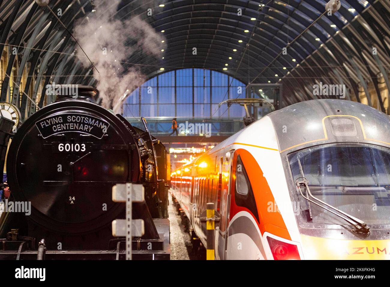 EDITORIAL USE ONLY General views of the Flying Scotsman alongside the Azuma train reflecting the ...