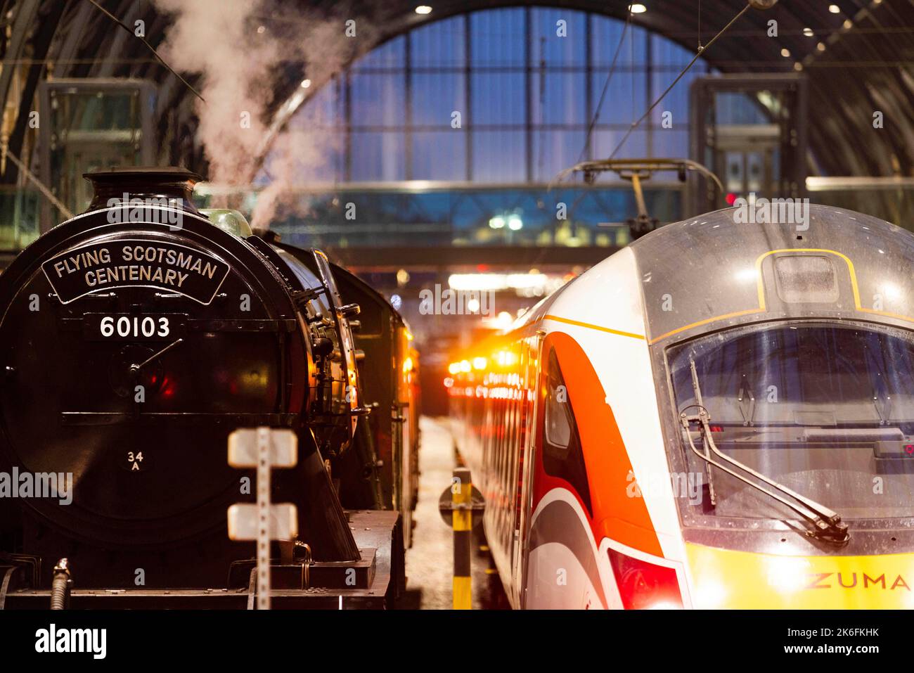 EDITORIAL USE ONLY General views of the Flying Scotsman alongside the Azuma train reflecting the ...
