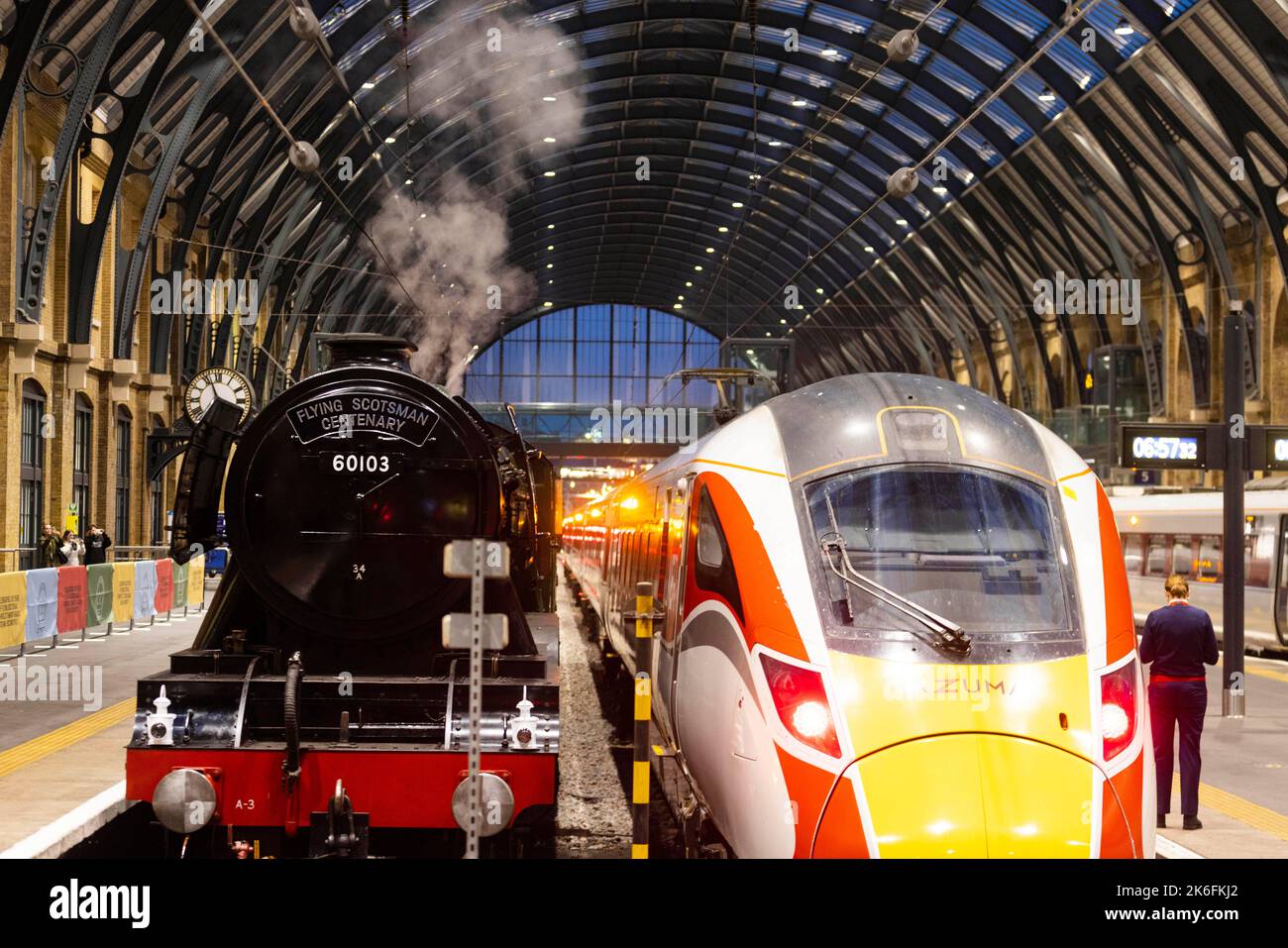 EDITORIAL USE ONLY General views of the Flying Scotsman alongside the Azuma train reflecting the ...