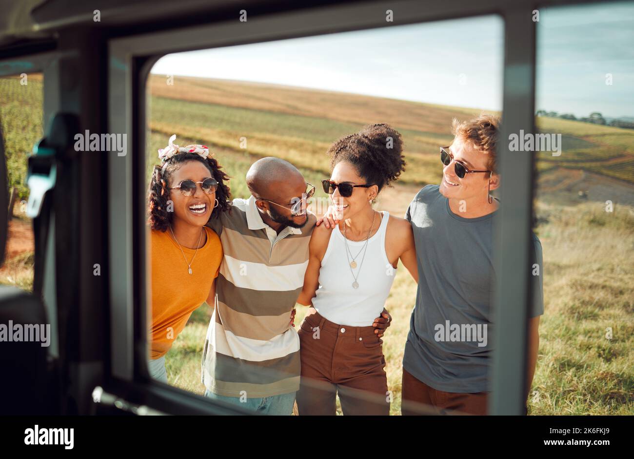 Friends, group and happy on road trip by car in nature by hill in ...