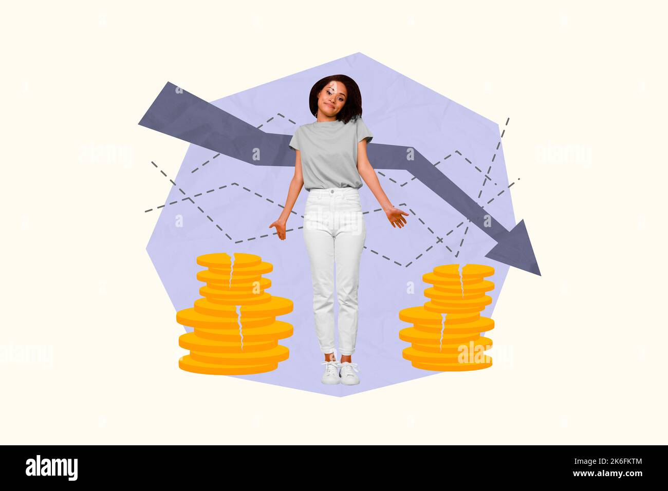 Composite collage image of clueless mini girl pile stack broken coins ...