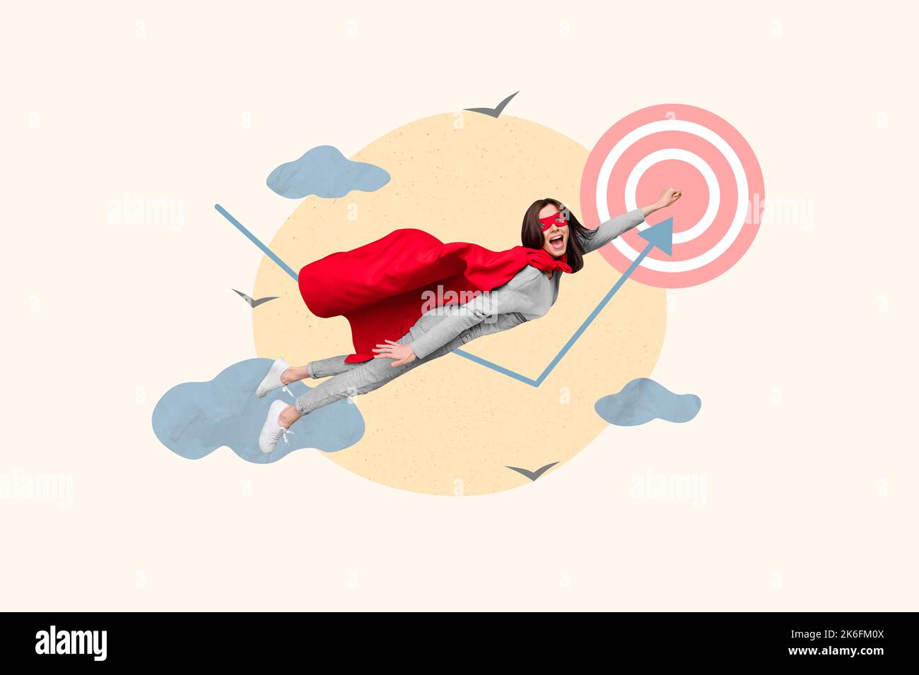 Creative Collage Portrait Of Excited Positive Super Girl Raise Fist