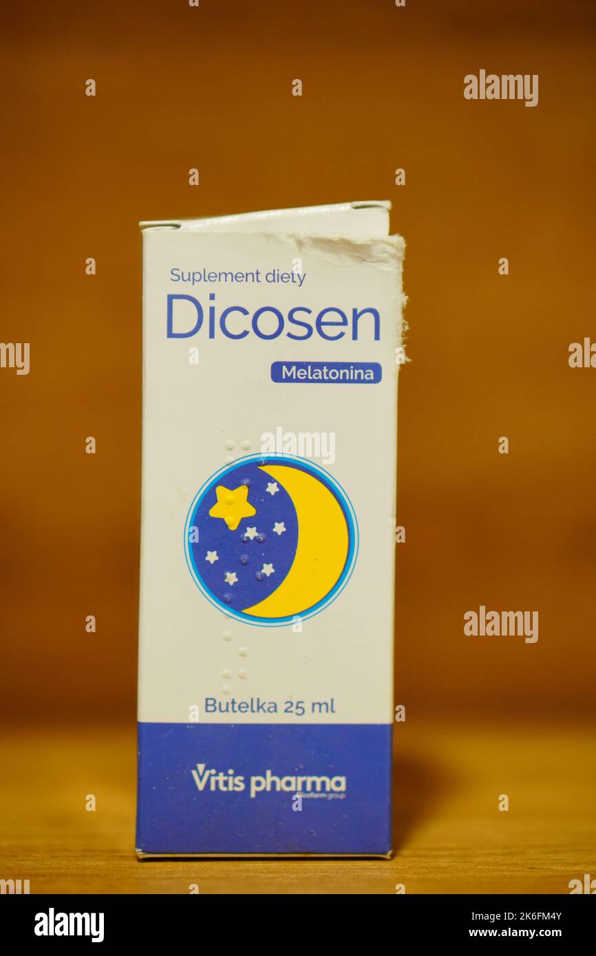 A medicine of Vitis Pharma Dicosen night drops in an opened box with ...