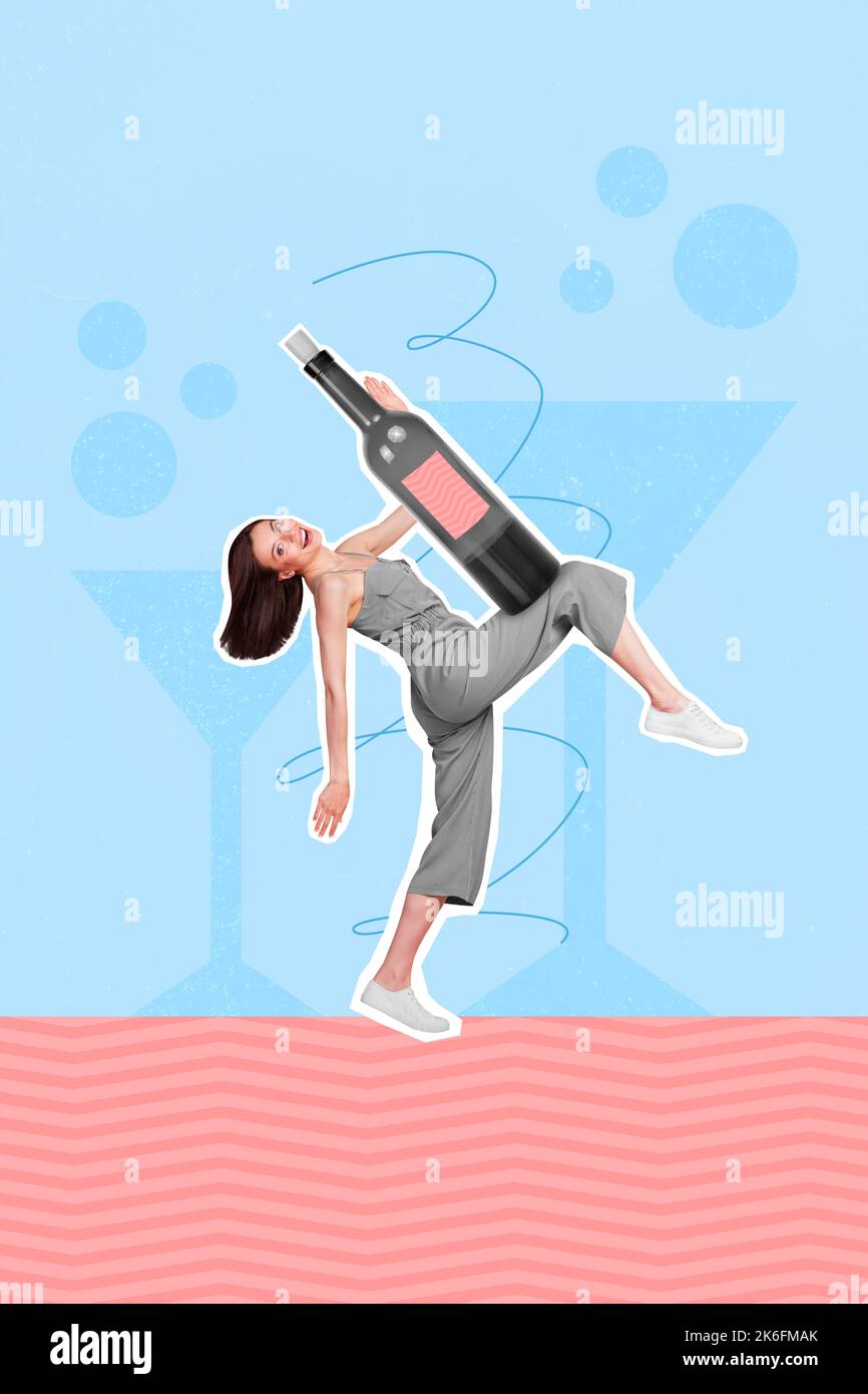 Vertical collage portrait of excited carefree girl hold dance big wine ...