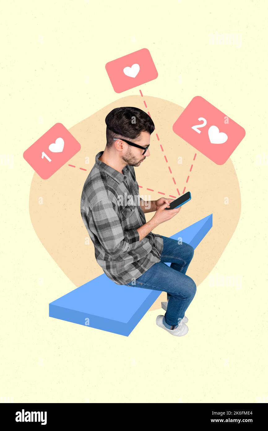 Vertical creative collage photo of young hipster guy share post likes ...