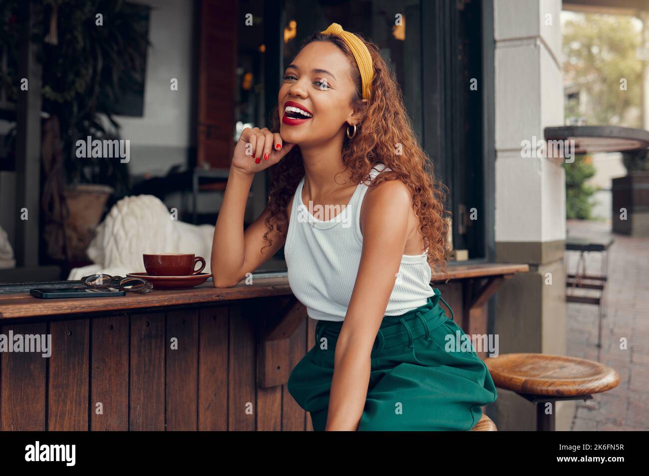 Coffee shop, cafe and black woman in portrait happy with service ...