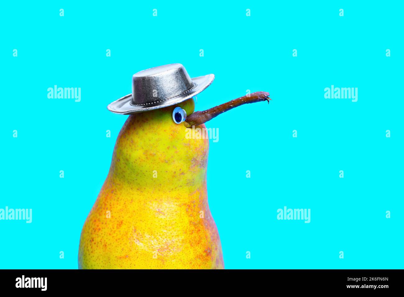 Profile view of a serious anthropomorphic pear character wearing a ...