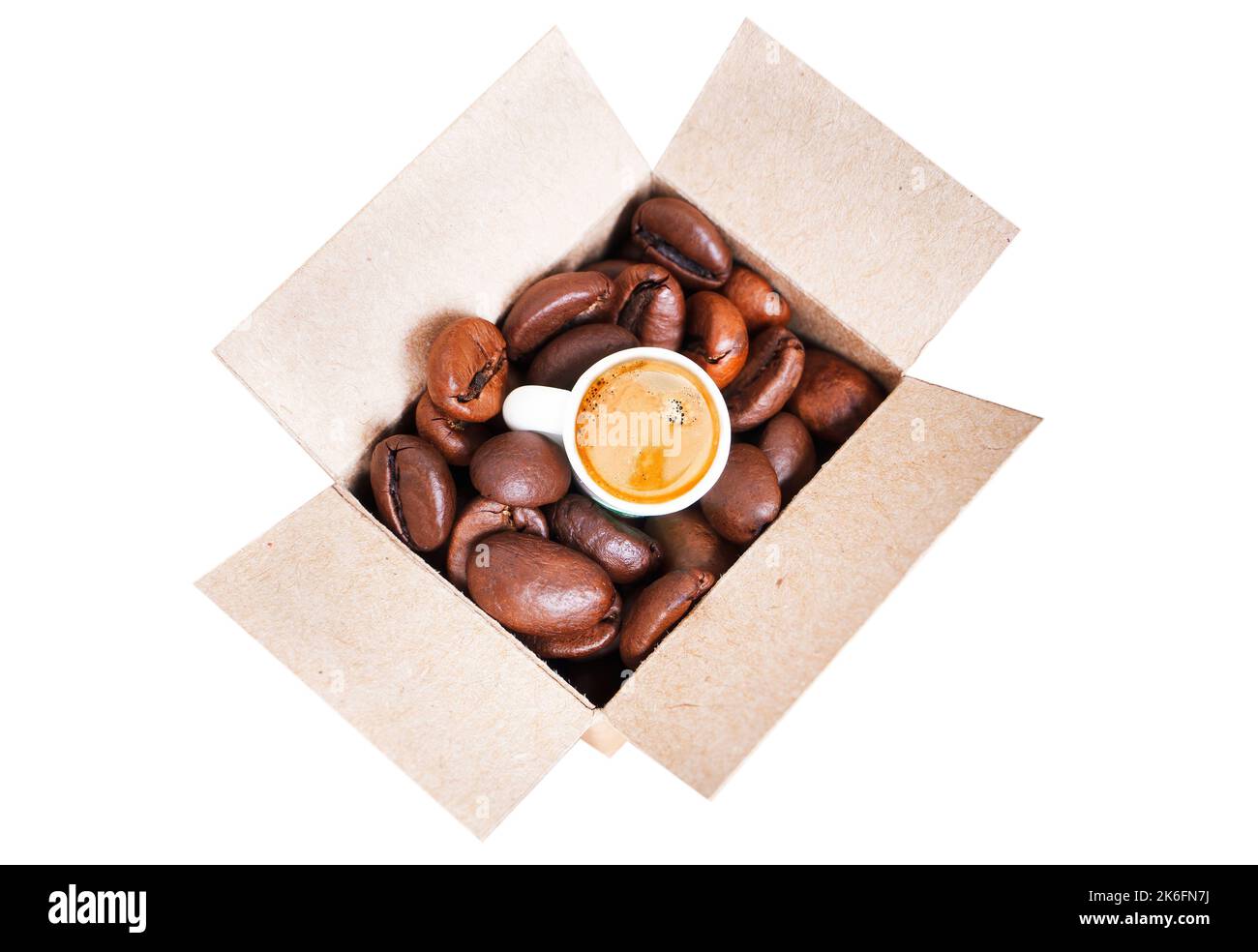 Miniature shipping box full of roasted coffee beans and a tiny espresso ...