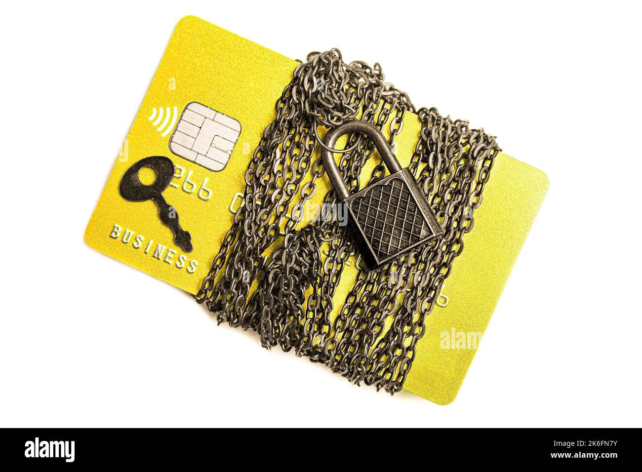 Credit card wrapped with chain and secured with a massive padlock and a ...